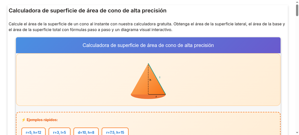 Calculadora de superficie de área de cono alta precisión - Lateral ...