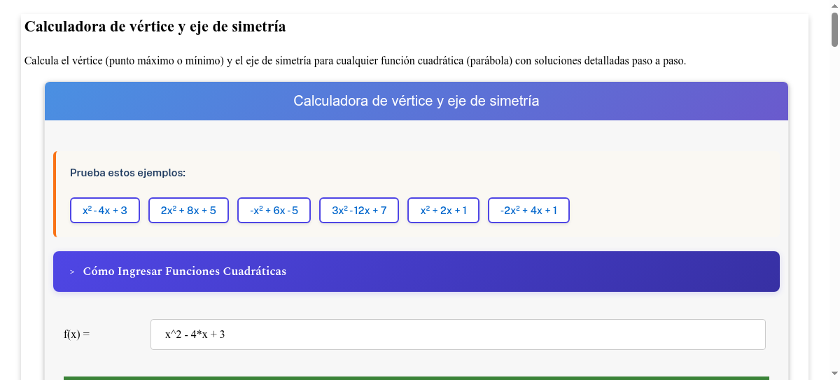 Calculadora de vértice y eje de simetría - Encontrar el vértice de una ...