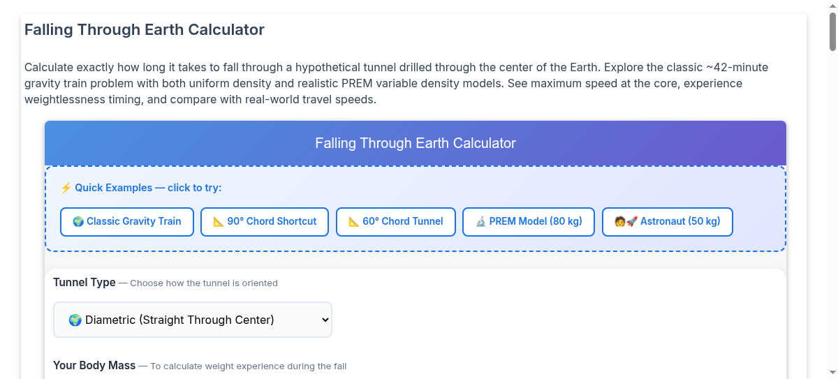 Falling Through Earth Calculator - Gravity Train Time & Speed Simulator