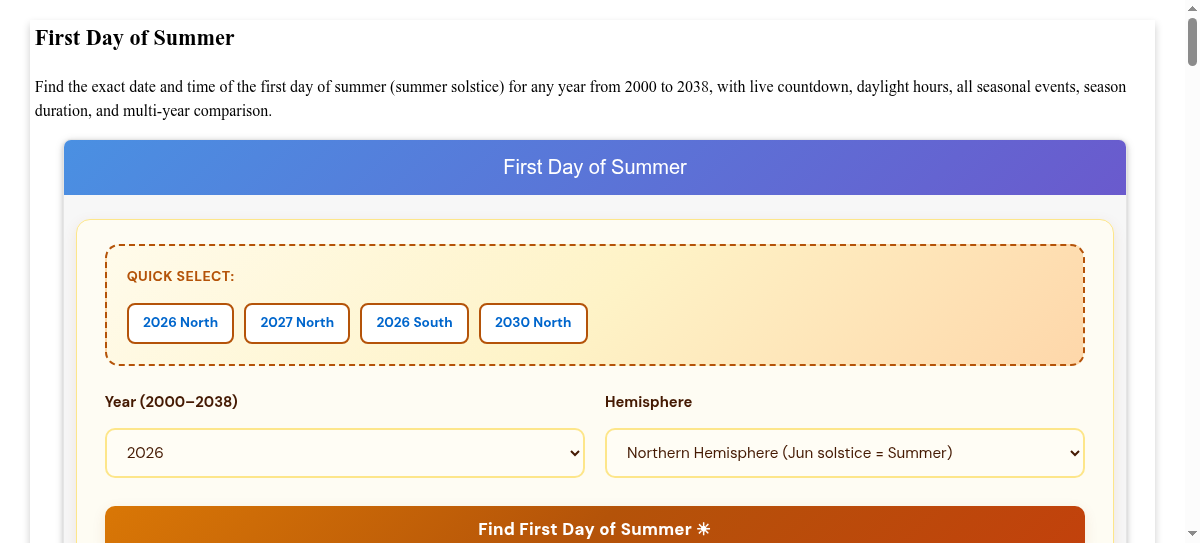 First Day of Summer - Summer Solstice Date & Time Calculator