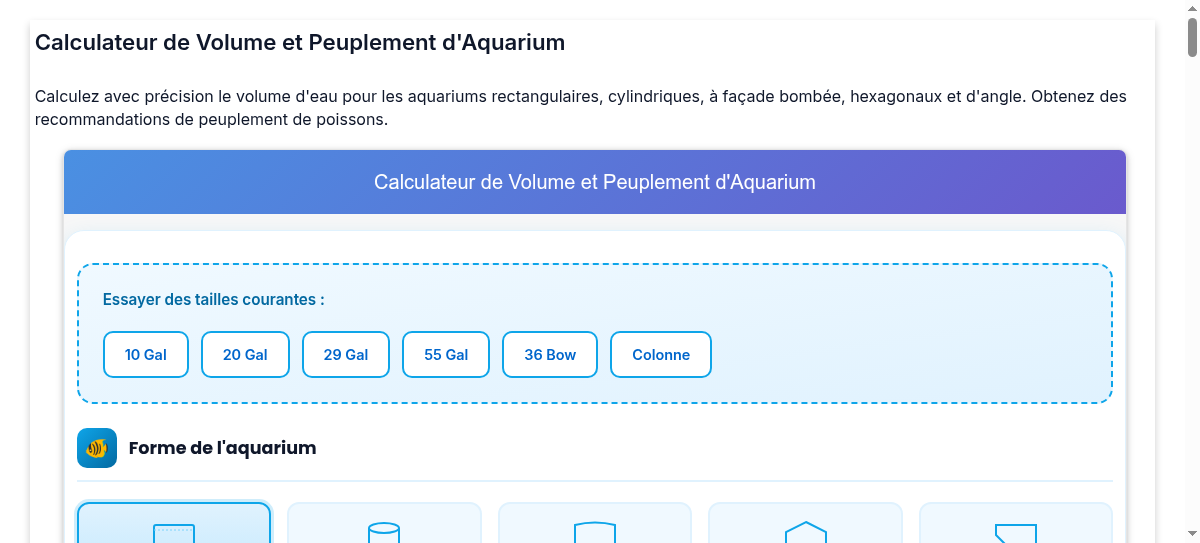 Calculateur de Volume et Peuplement d'Aquarium - Capacité d'Eau et ...