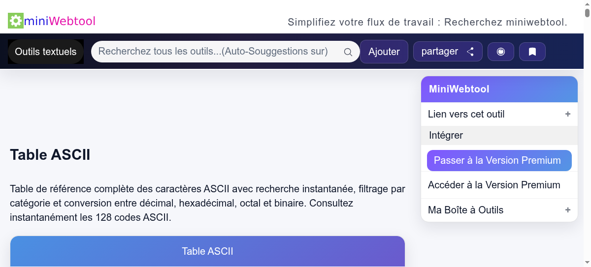 Table ASCII - Graphique ASCII interactif avec codes décimaux ...