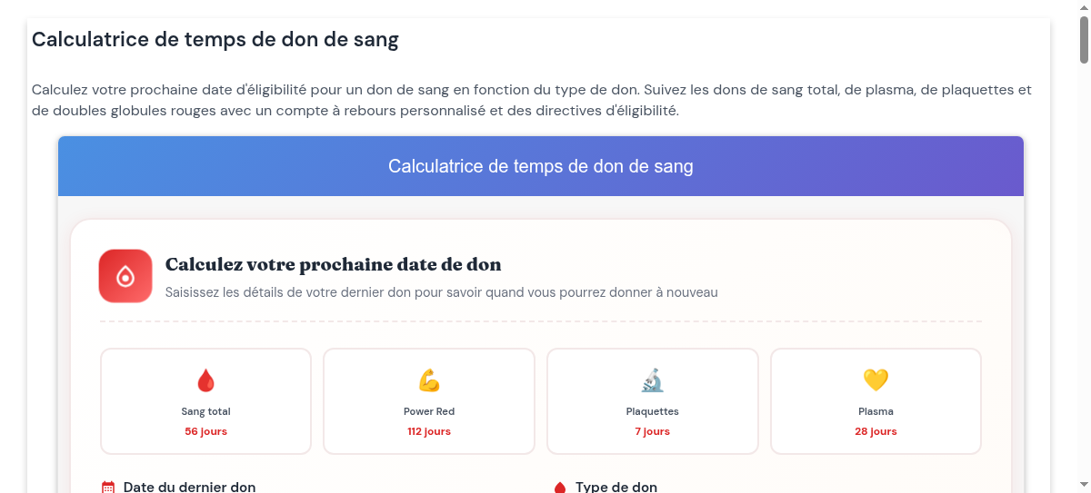 Calculatrice de temps de don de sang - Date du prochain don et suivi d ...