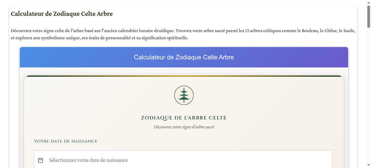 Calculateur de Zodiaque Celte Arbre - Découvrez votre signe d'arbre sacré