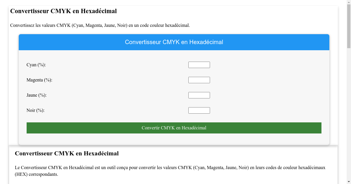 Convertisseur CMYK en Hexadécimal - Convertissez les valeurs CMYK en code couleur Hexadécimal