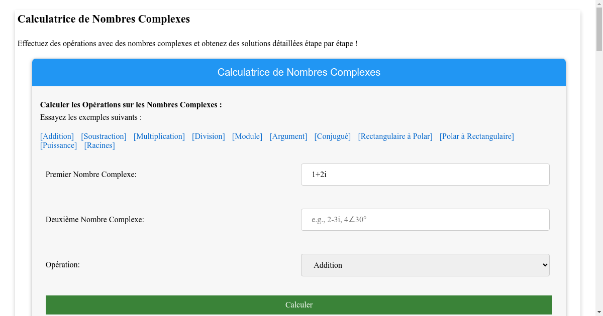 Calculatrice de Nombres Complexes avec Solutions Étape par Étape