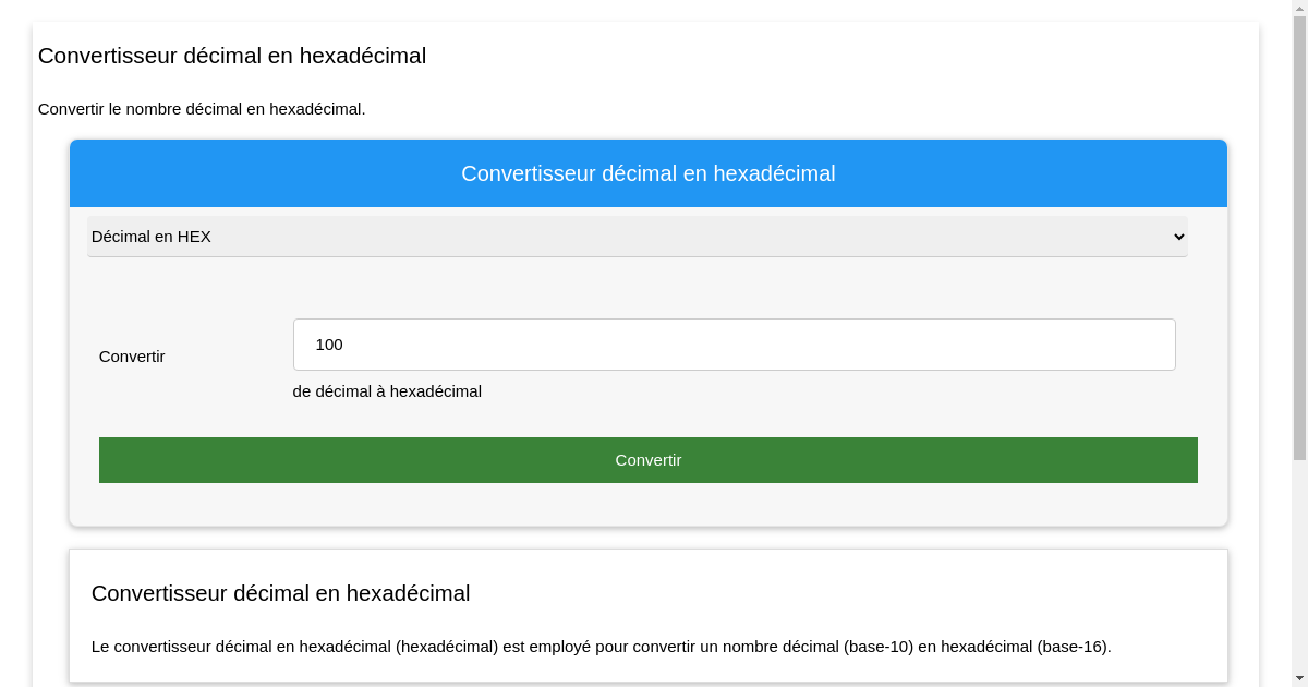 Convertisseur décimal en hexadécimal | Outil de conversion décimale et ...