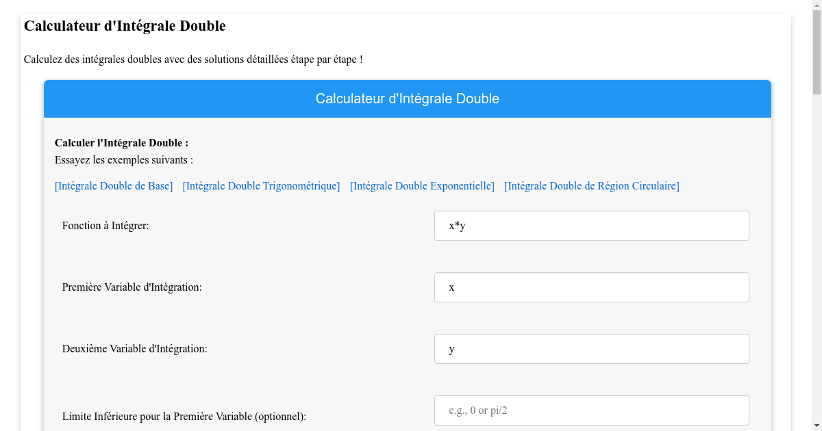 Calculateur d'Intégrale Double avec Solutions Étape par Étape