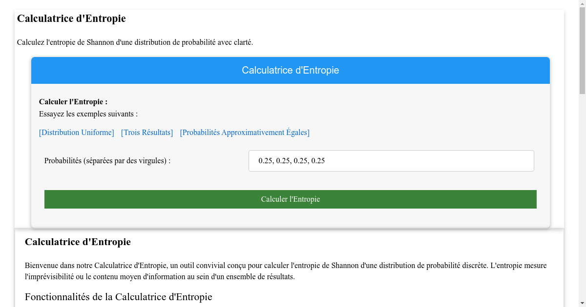 Calculatrice d'Entropie avec Explication Étape par Étape