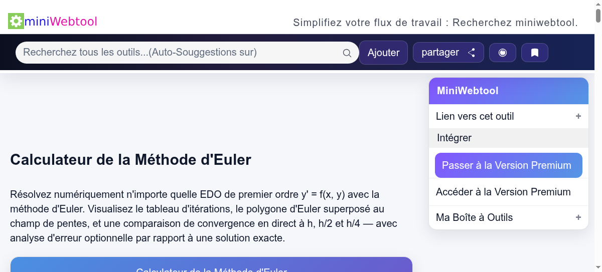 Calculateur de la Méthode d'Euler - Solveur d'EDO Numérique avec Champ ...