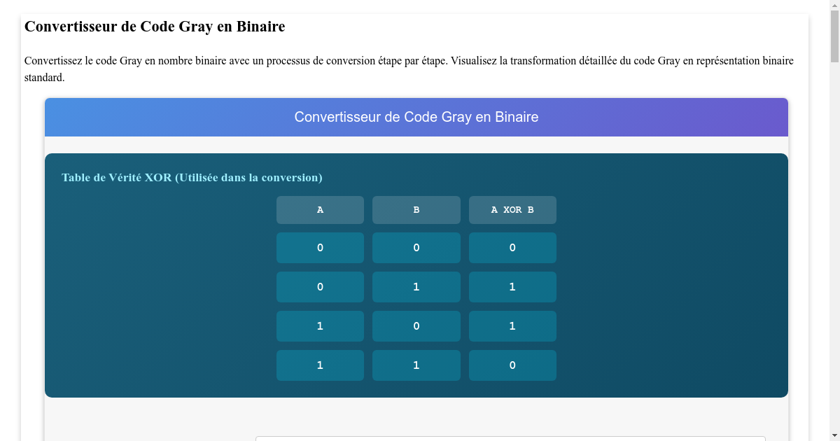 Convertisseur de Code Gray en Binaire - Convertir le Code Gray en Binaire en Ligne