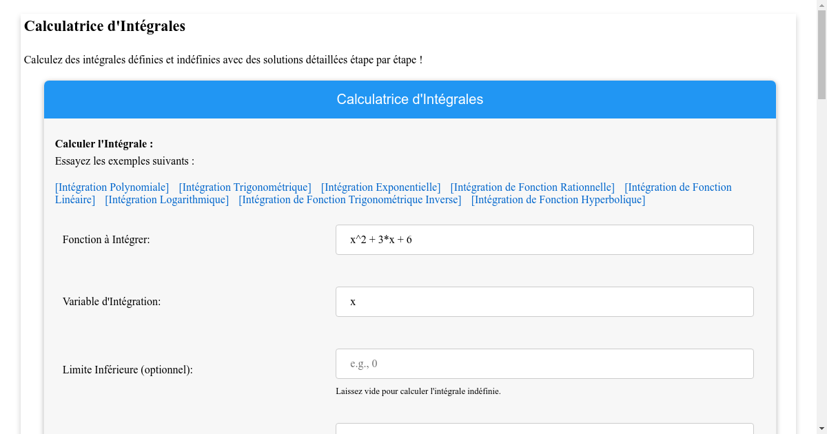 Calculatrice d'Intégrales avec Solutions Étape par Étape
