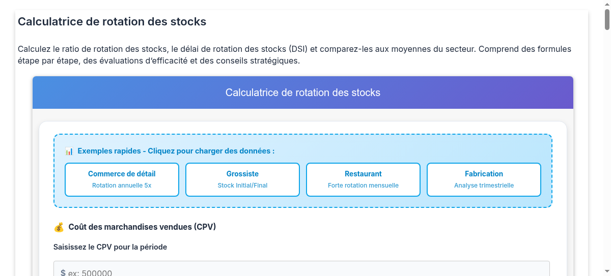 Calculatrice de rotation des stocks - Ratio, DSI et analyse comparative ...