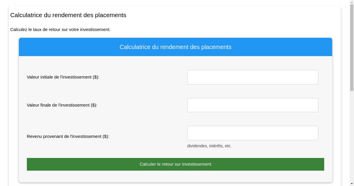 Calculatrice du rendement des placements