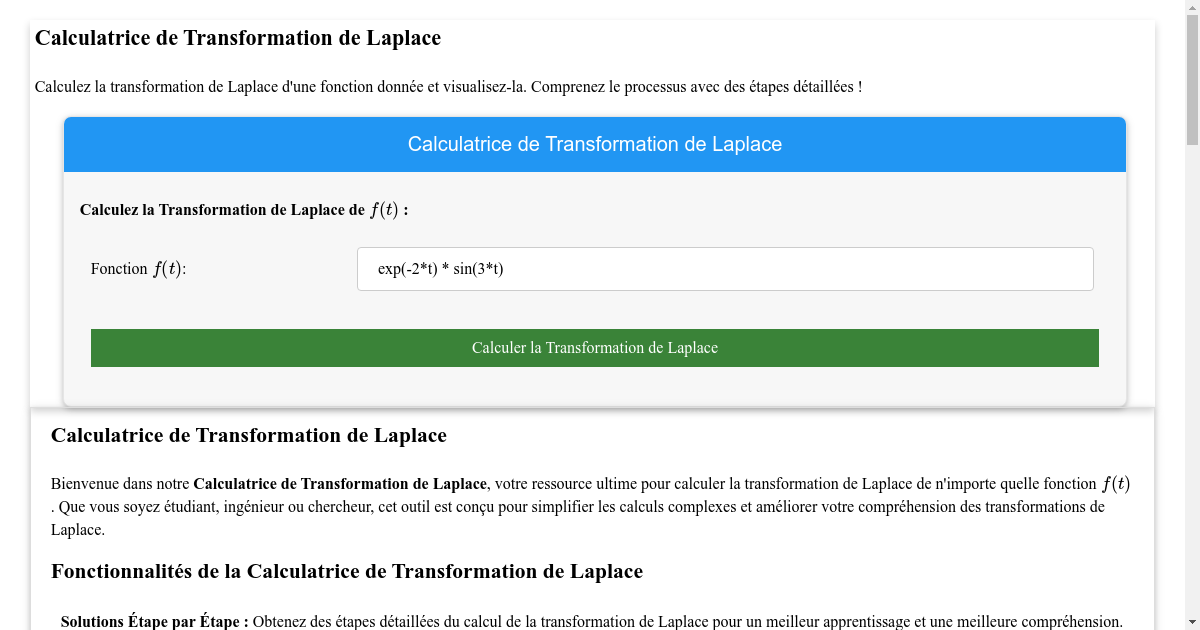 Calculatrice de Transformation de Laplace avec Solution Étape par Étape
