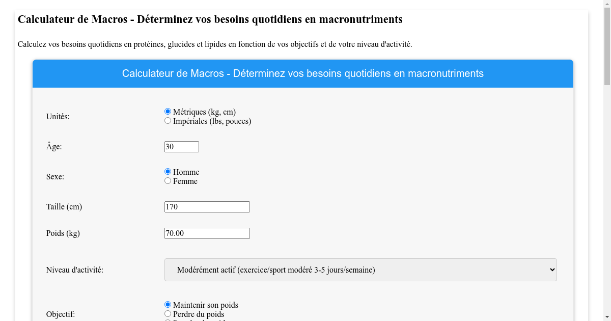 Calculateur de Macros Gratuit