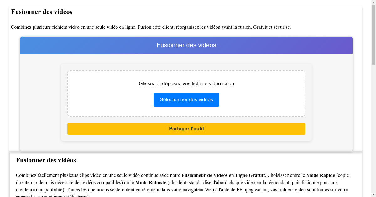 Fusionner des vidéos en ligne (MP4, WEBM, MOV) - Gratuit