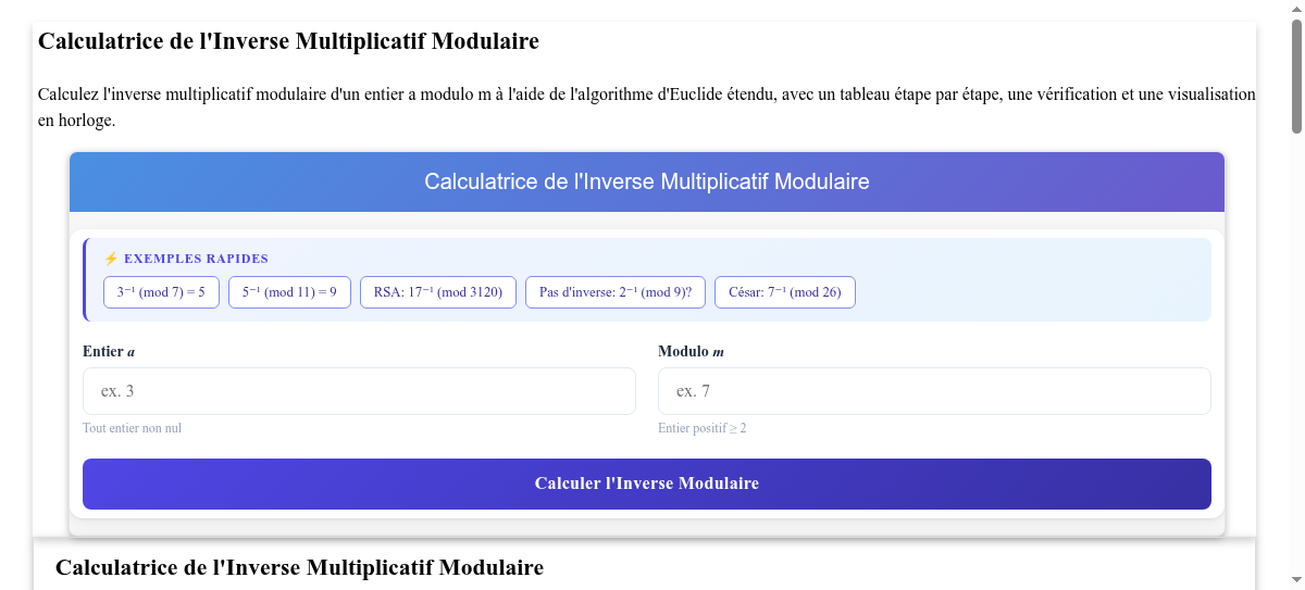 Calculatrice de l'Inverse Multiplicatif Modulaire - Trouver a⁻¹ mod m