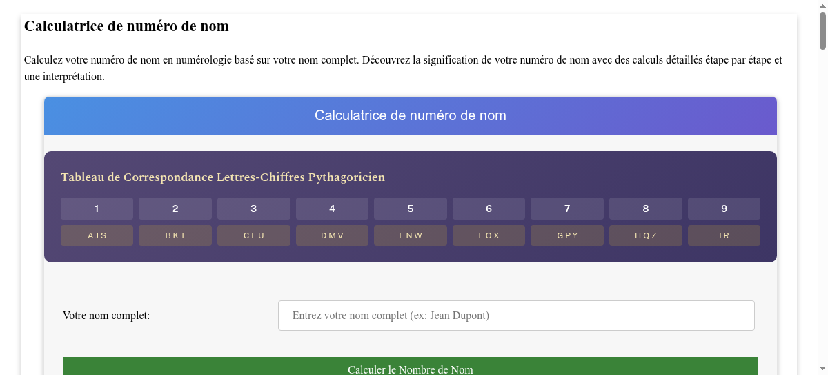 Calculatrice de numéro de nom - Calculez votre nombre en numérologie