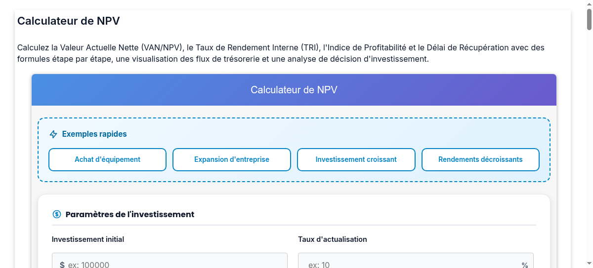 Calculateur de NPV - Valeur Actuelle Nette avec TRI et Analyse d ...