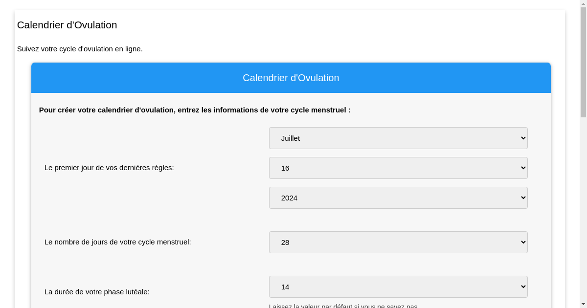 Calendrier d'Ovulation en Ligne - Suivez Votre Cycle d'Ovulation Maintenant
