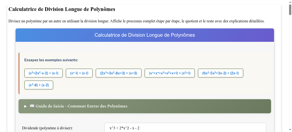 Calculatrice de Division Longue de Polynômes - Solutions Étape par Étape