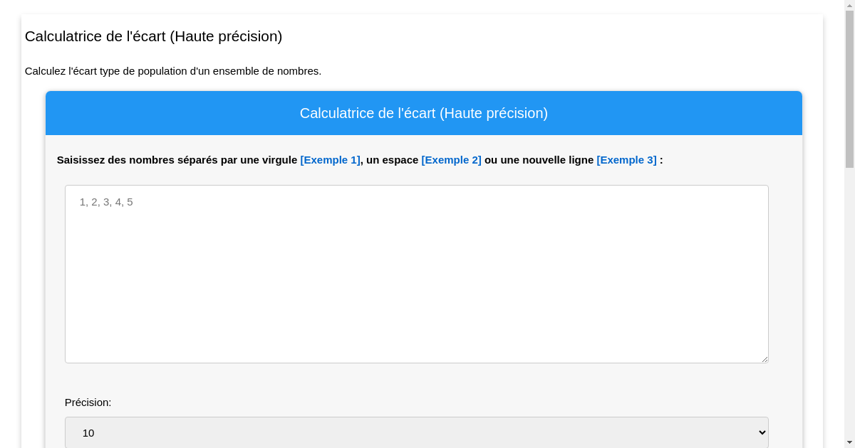 Calculatrice de l'écart-type de la population (Haute précision)