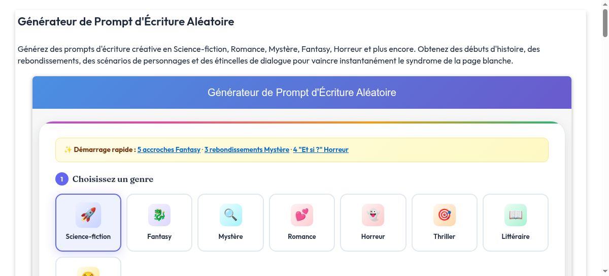 Générateur de Prompt d'Écriture Aléatoire - Accroches, Rebondissements ...