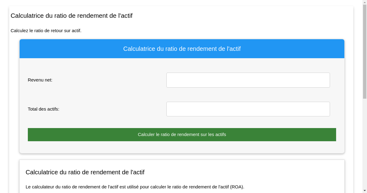 Calculatrice du ratio de rendement de l'actif | Calculatrice du ...