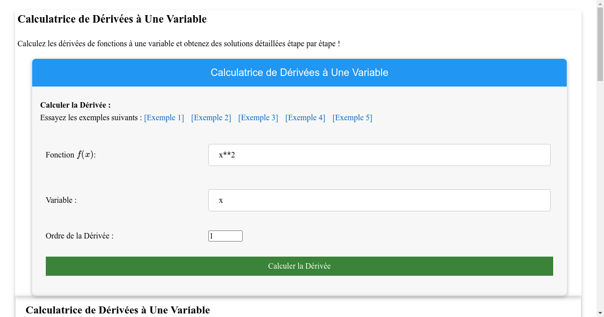 Calculatrice de Dérivées à Une Variable avec Solutions Étape par Étape