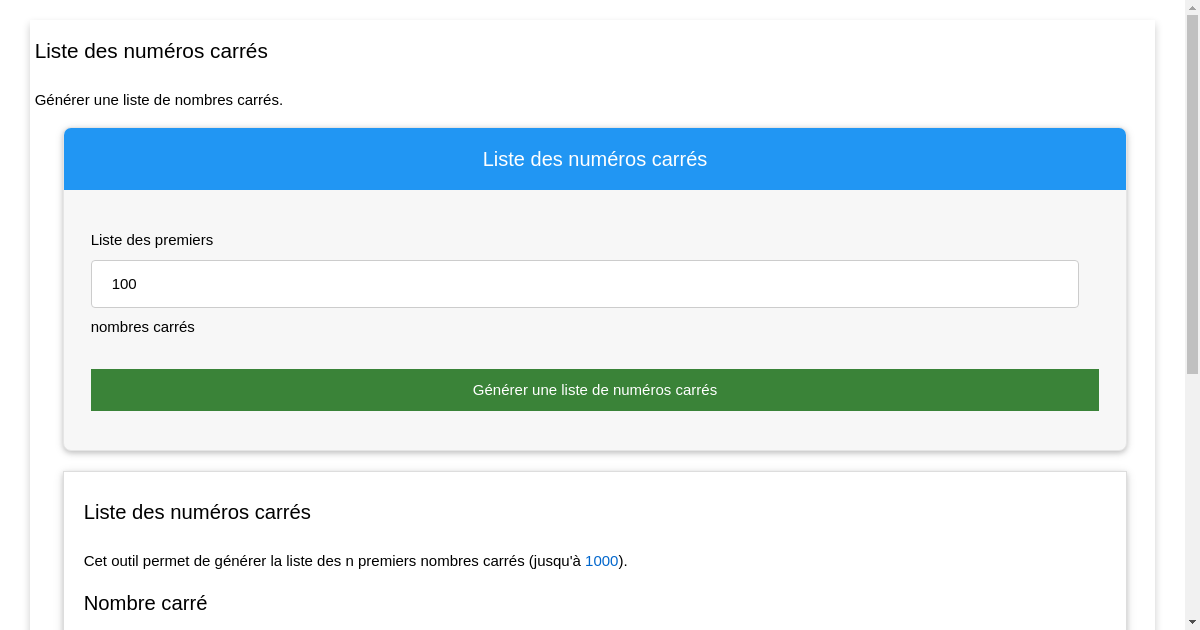 Liste des premiers 169 Nombres carrés