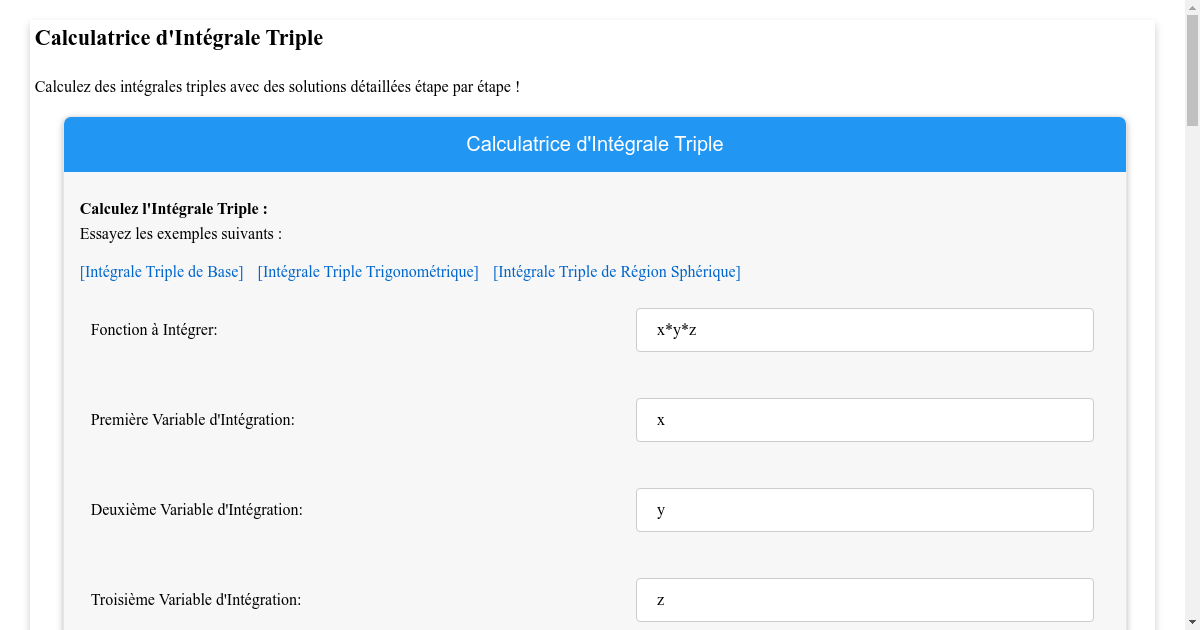 Calculatrice d'Intégrale Triple avec Solutions Étape par Étape
