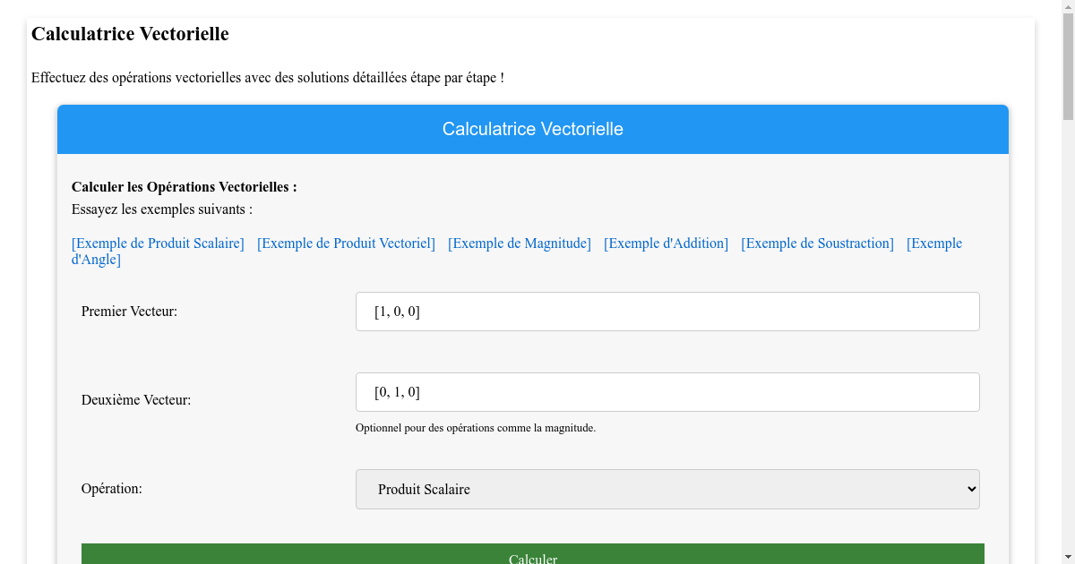 Calculatrice Vectorielle avec Solutions Étape par Étape