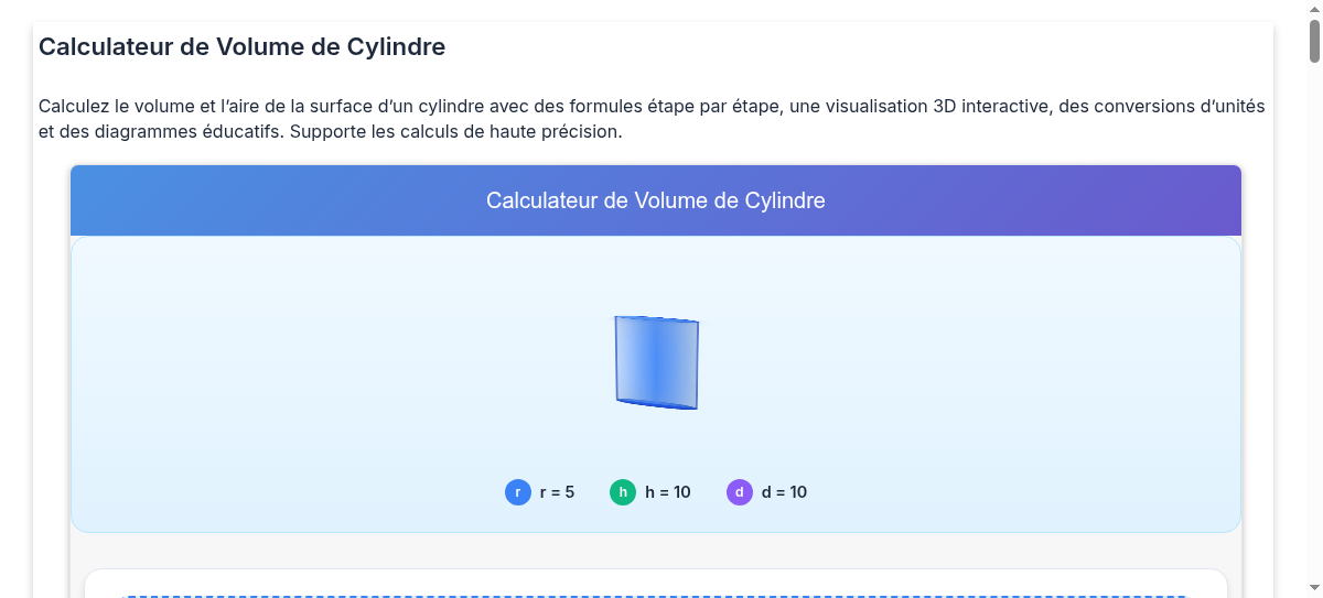 Calculateur de Volume de Cylindre - Volume et Aire avec Visualisation 3D
