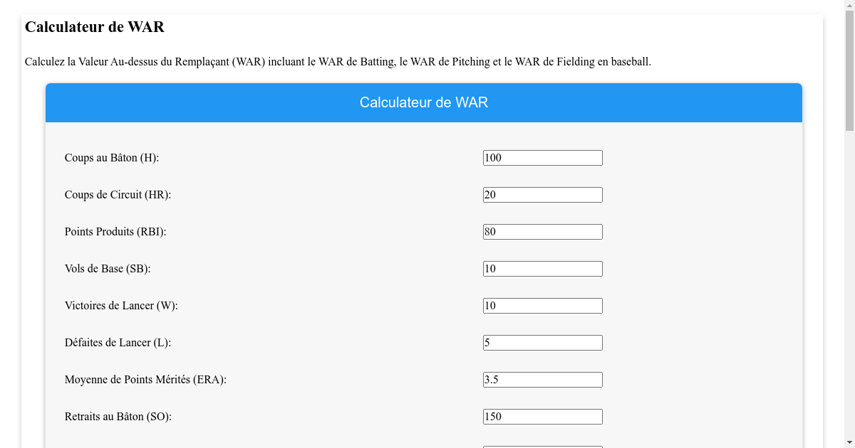 Calculateur de WAR