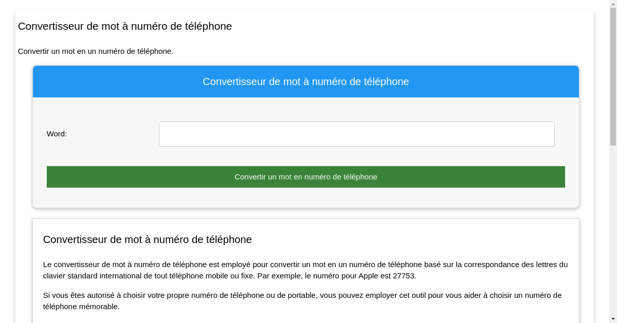 Convertisseur de mot à numéro de téléphone