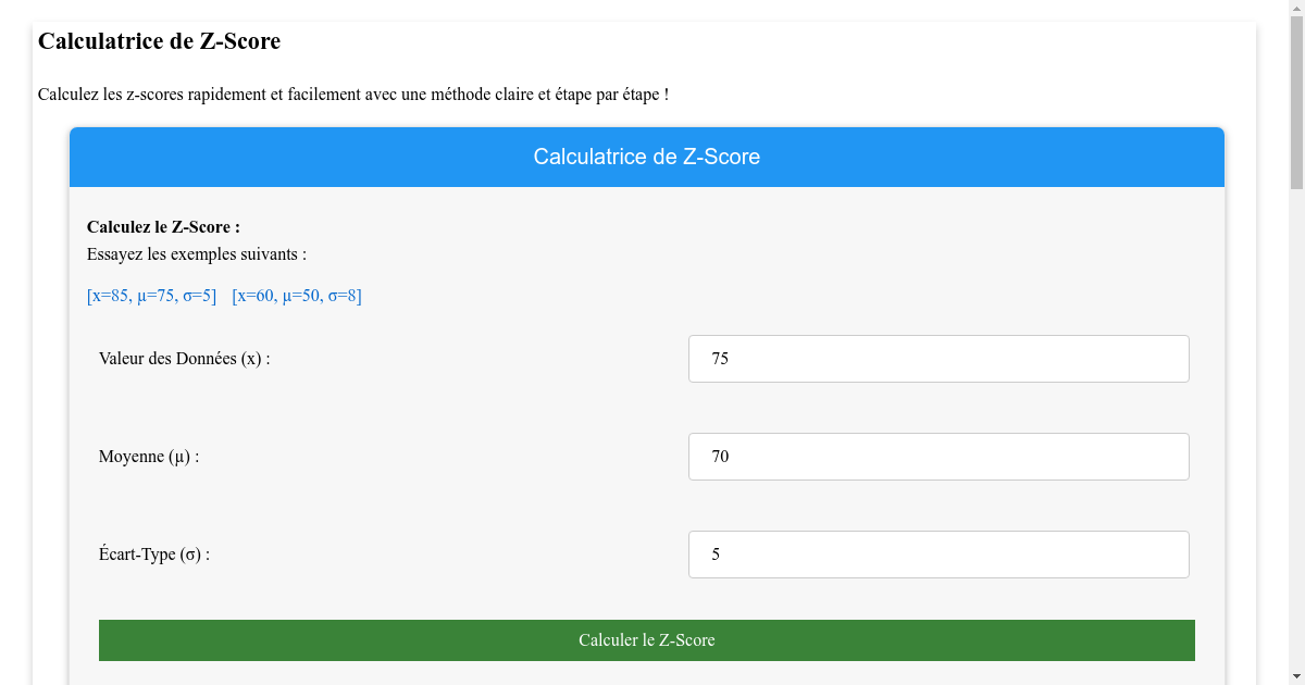 Calculatrice de Z-Score Gratuite avec Explications Étape par Étape