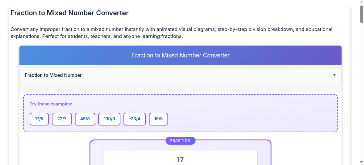 Fraction to Mixed Number Converter - Convert Improper Fractions with ...