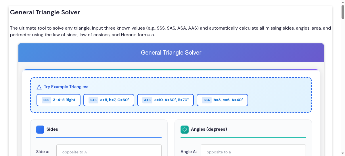 General Triangle Solver - Solve Any Triangle (SSS, SAS, ASA, AAS, SSA)