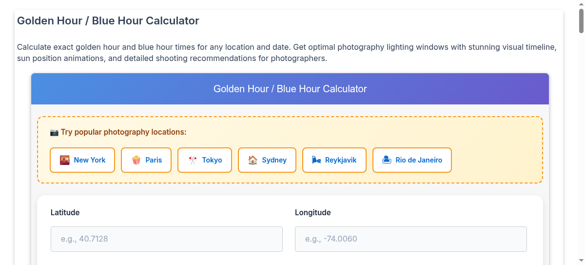 Golden Hour & Blue Hour Calculator - Perfect Photography Lighting Times