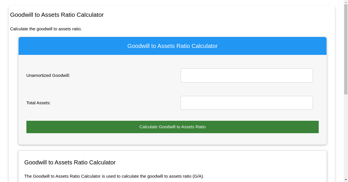 Goodwill to Assets Ratio Calculator