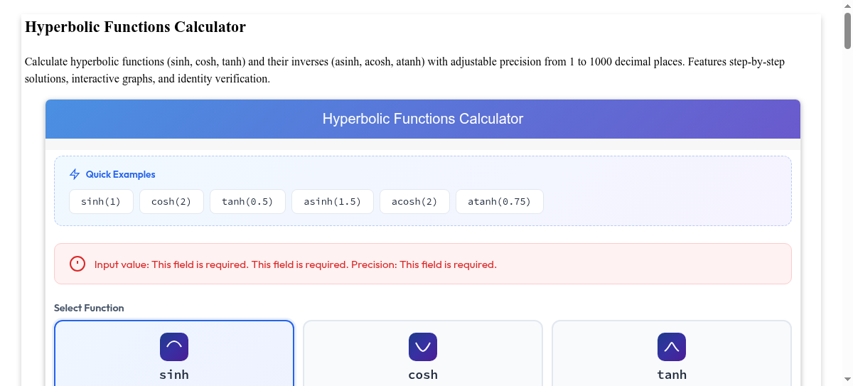 Hyperbolic Functions Calculator (sinh, cosh, tanh) - High Precision Up ...