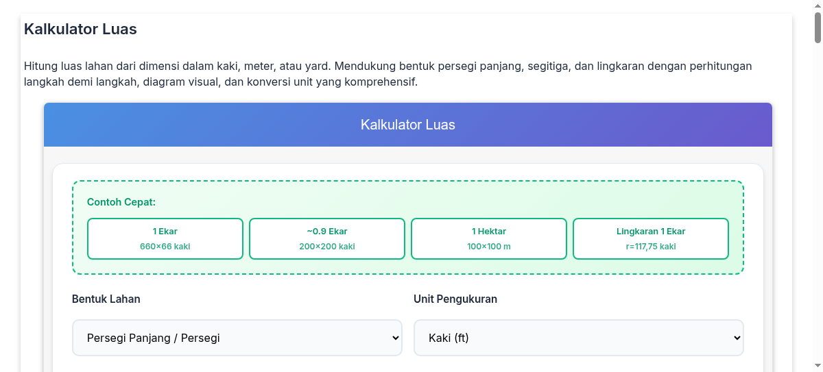 Kalkulator Luas - Konverter Area Lahan dengan Diagram Visual