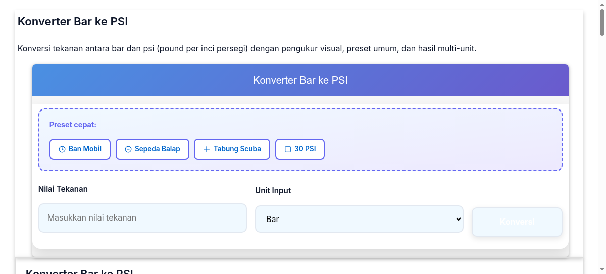 Konverter Bar ke PSI - Konversi Bar ke Pound per Inci Persegi