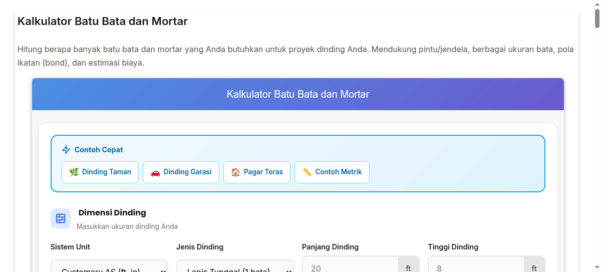 Kalkulator Batu Bata dan Mortar - Estimasi Bata, Mortar & Biaya Dinding