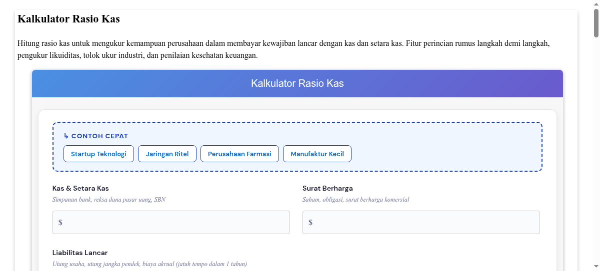Kalkulator Rasio Kas - Analisis Likuiditas dengan Visualisasi Gauge ...