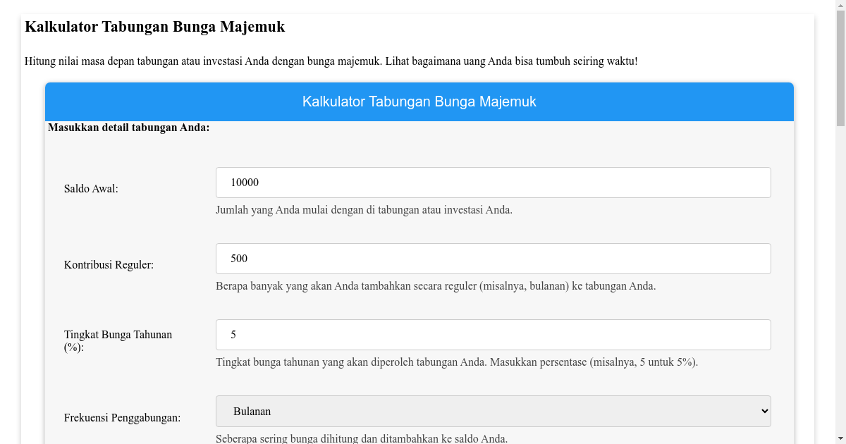 Kalkulator Tabungan Bunga Majemuk Gratis | Proyeksikan Saldo Tabungan Masa Depan Anda