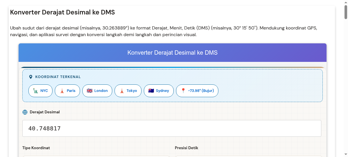 Konverter Derajat Desimal ke DMS - Ubah Desimal ke Derajat Menit Detik