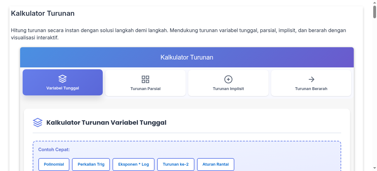 Kalkulator Turunan - Solusi Langkah demi Langkah dengan Grafik Interaktif