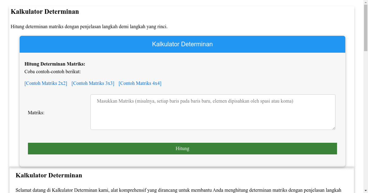Kalkulator Determinan dengan Solusi Langkah demi Langkah